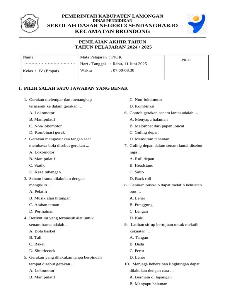 Psaj Kelas 4 Pjok Ta 2024-2025 | PDF