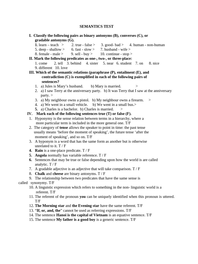 Sem Practice Test 03 04 22 | PDF | Semantics | Predicate (Grammar)