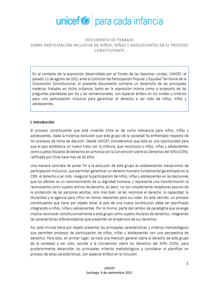 Documento de Trabajo UNICEF - Participación Inclusiva de NNA en El ...