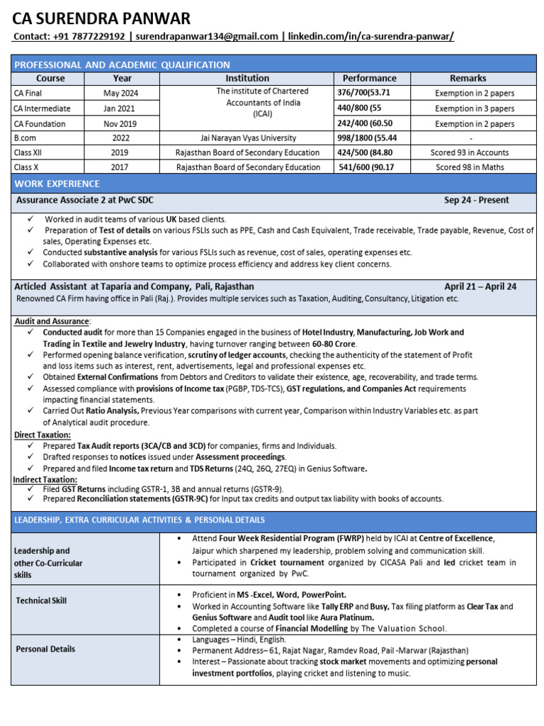 CA Surendra Panwar-Resume | PDF | Taxes | Audit