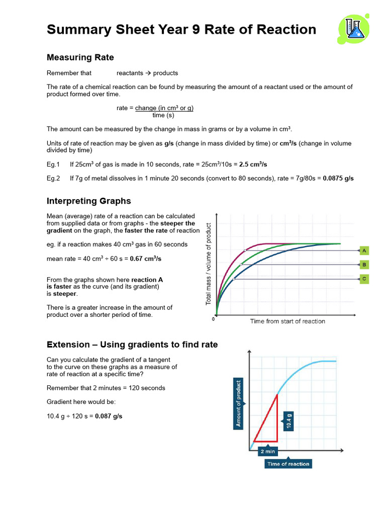 Year 9 Rate of Reaction Summary | PDF | Reaction Rate | Chemical Reactions