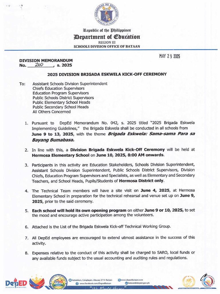 Brigada Eskwela 2025 Memo | PDF