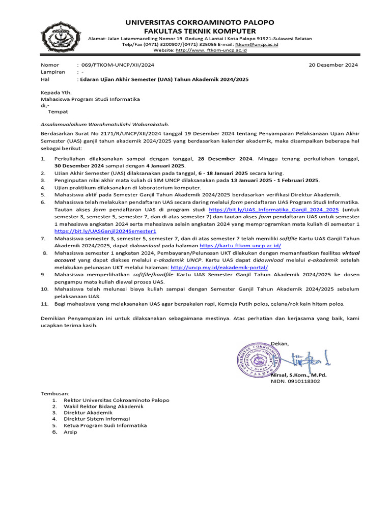 Surat Edaran UAS Ganjil 2024-2025 Mahasiswa | PDF
