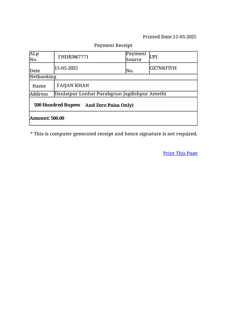 Payment Receipt for 500 Rupees | PDF