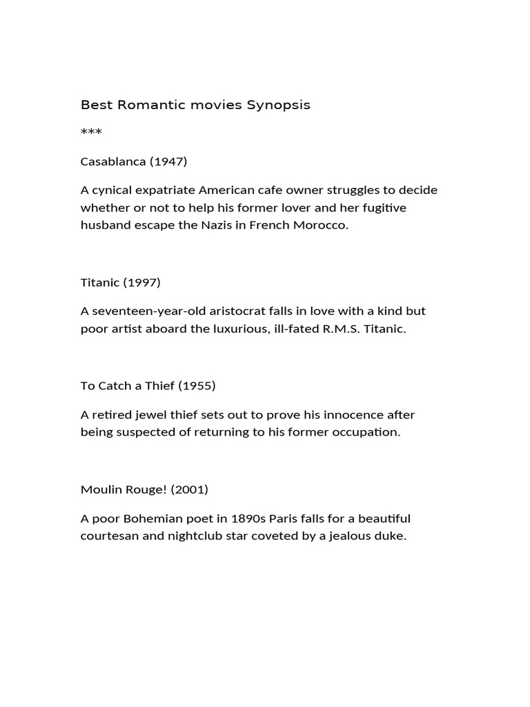 Best Romantic Movie Synopses | PDF