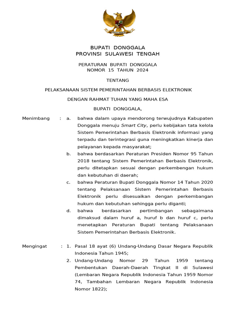 CONTOH PerBup No. 15 Thn 2024 Ttg. Pelaksanaan SPBE | PDF