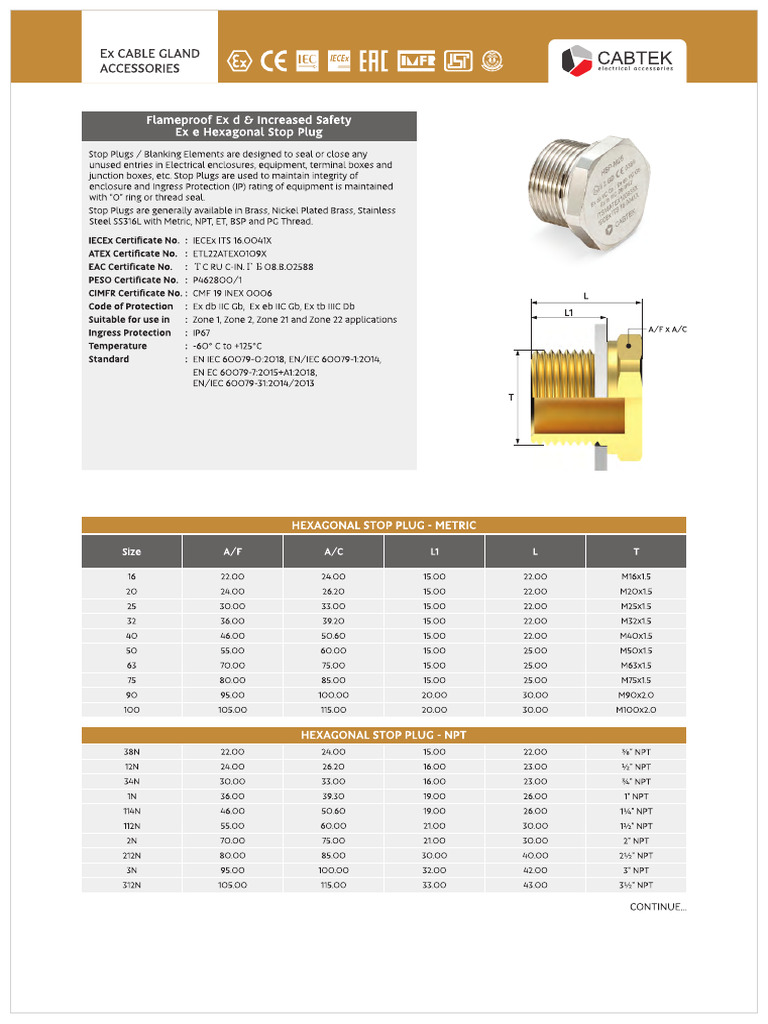Flameproof Ex D & Increased Safety Ex e Hexagonal Stop Plug | PDF