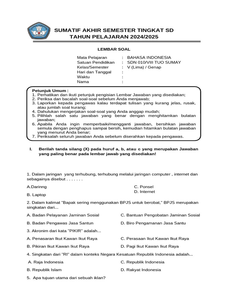 Soal Sem 2 KELAS 5 B INDONESIA | PDF
