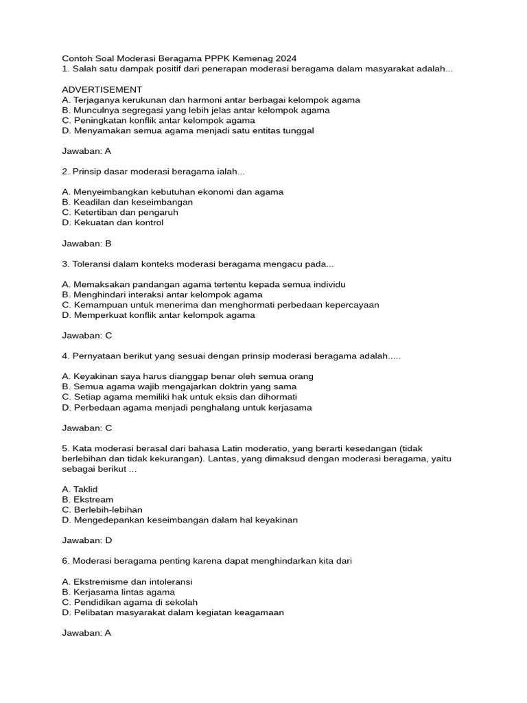 Contoh Soal Moderasi Beragama PPPK Kemenag 2024 | PDF