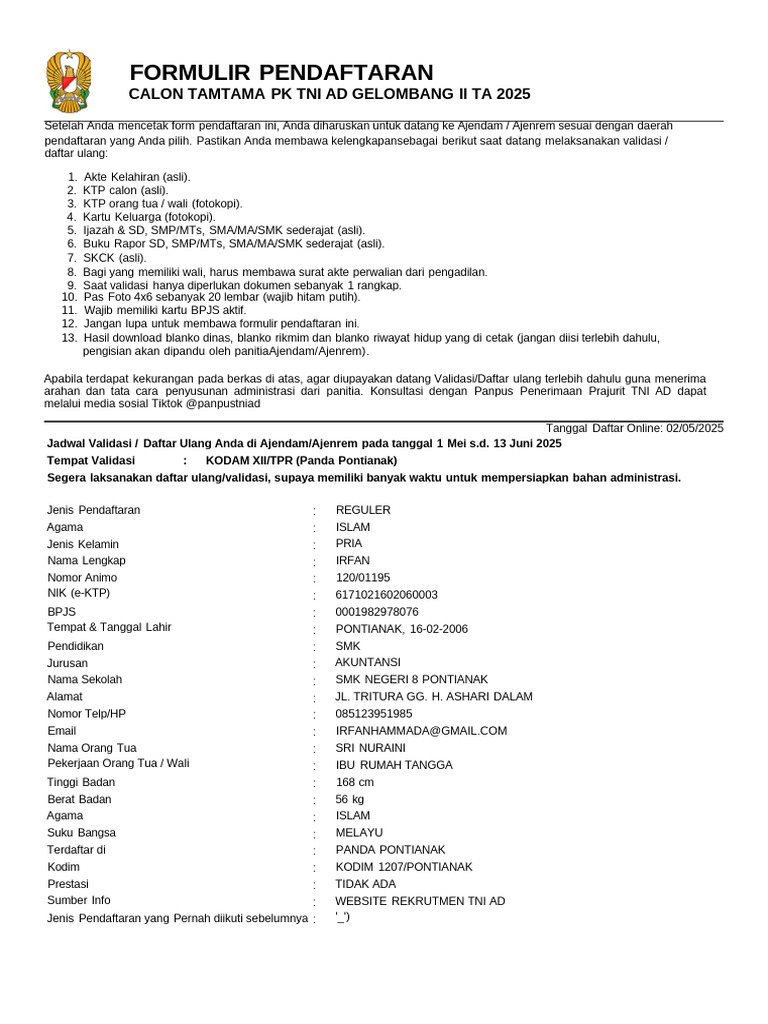 Formulir Pendaftaran: Calon Tamtama PK Tni Ad Gelombang Ii Ta 2025 | PDF