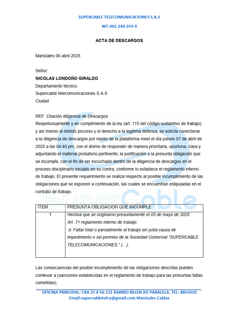 Citacion A Decargos Pabon Nicolas Londoño | PDF