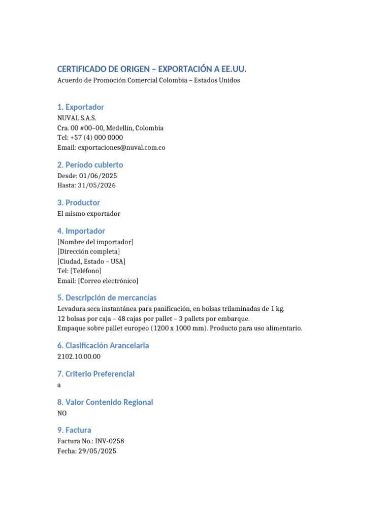 Certificado Origen Levadura Exportacion | PDF