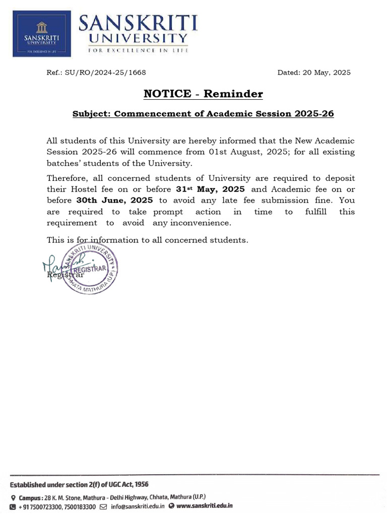 Academic Session Commencement & Fee Notice 2025 | PDF