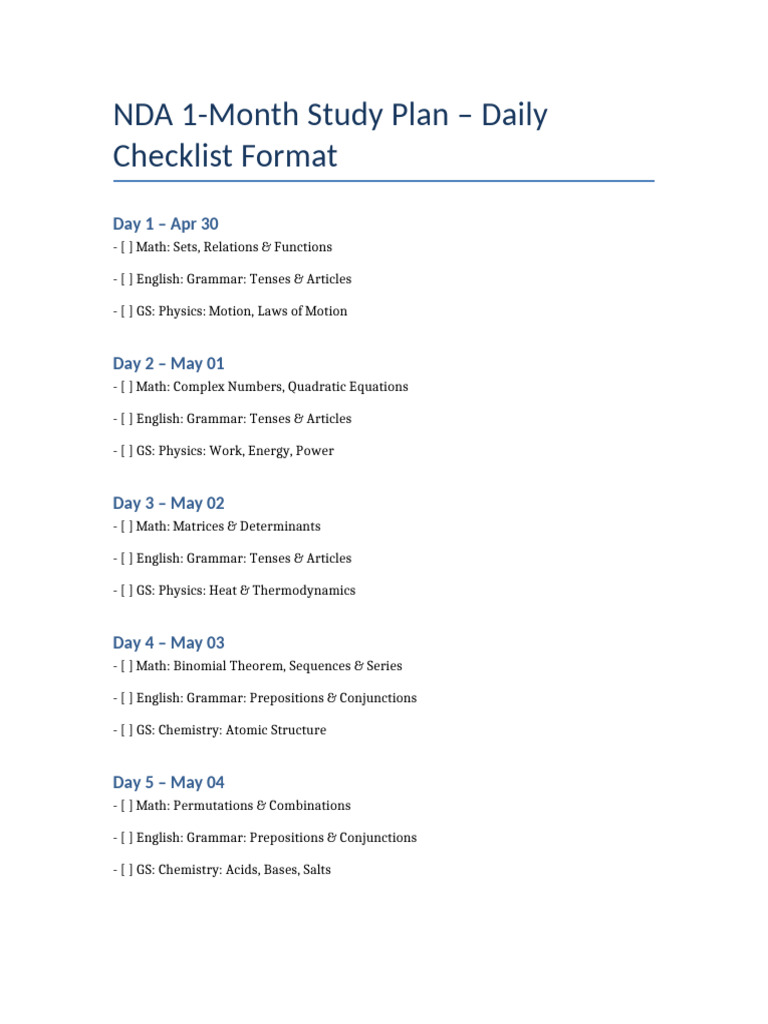NDA_Study_Plan_Checklist (1) | PDF | Mathematics