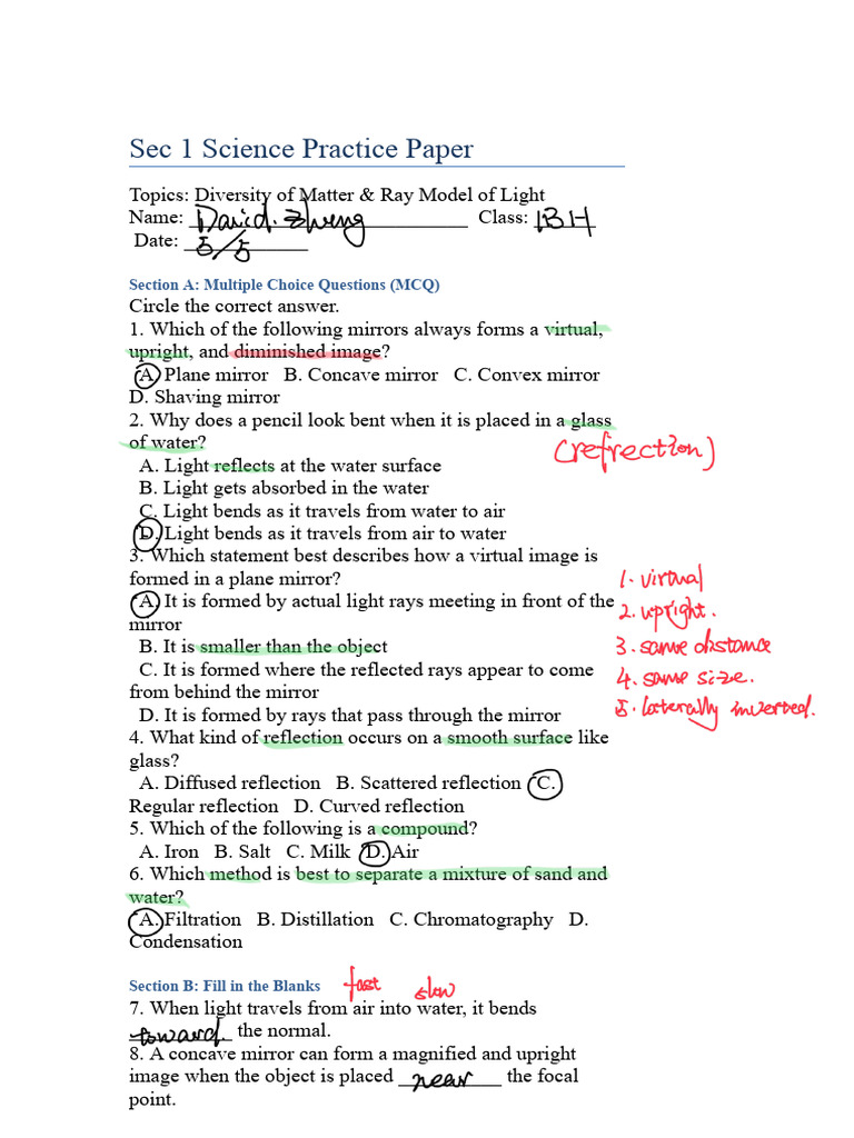 Sec 1 Science Practice Paper | PDF | Mirror | Reflection (Physics)