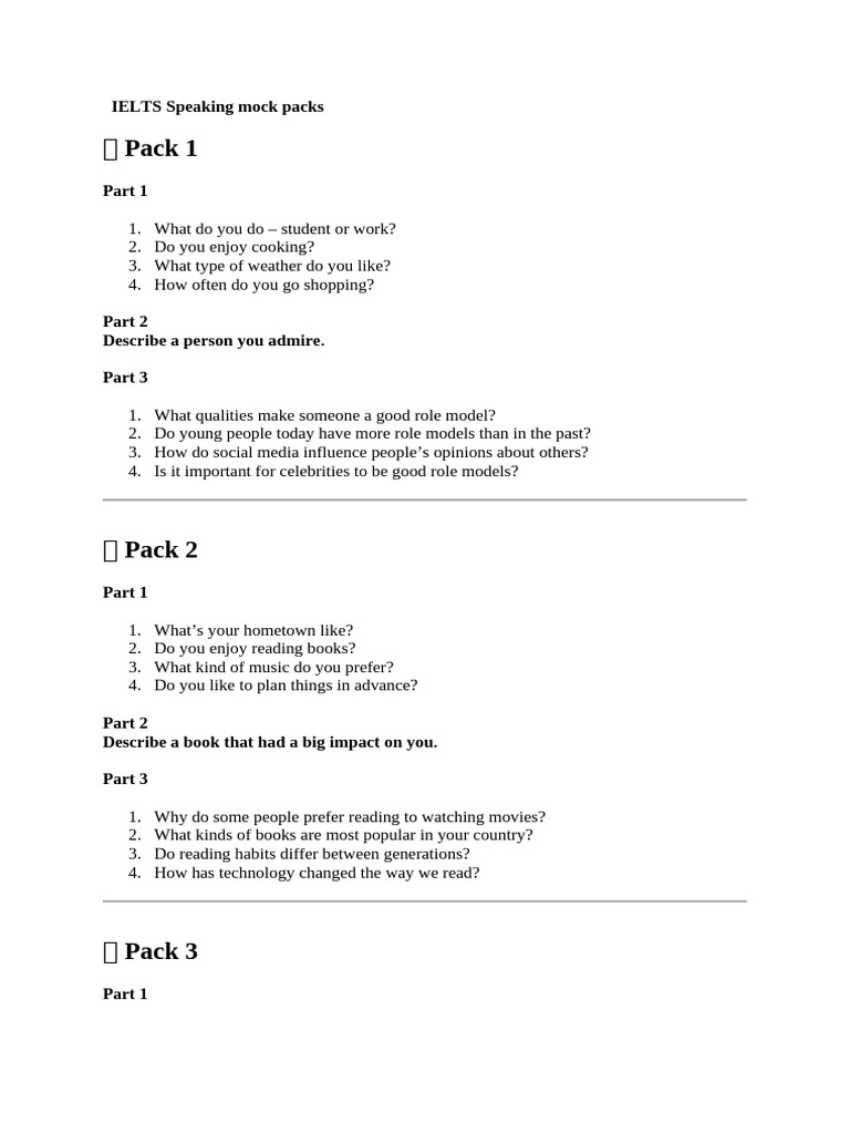 IELTS Speaking Mock Packs | PDF