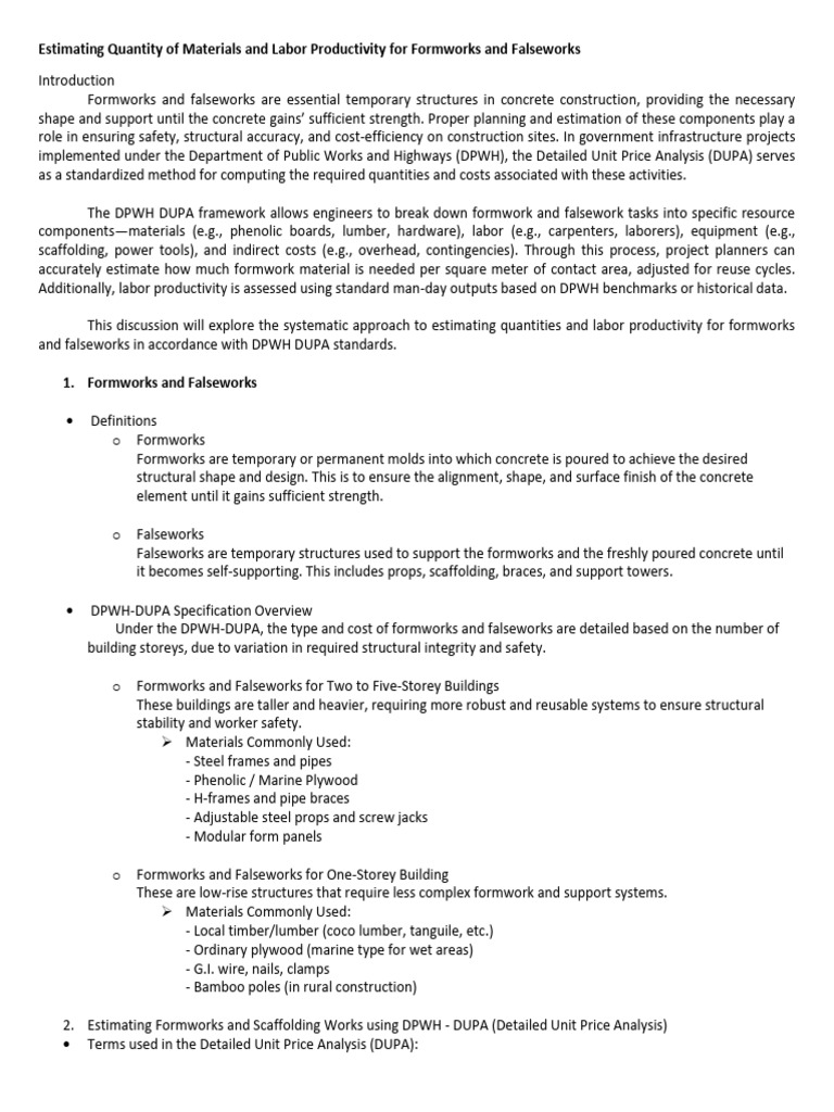 Ic 9 Estimating Formworks and Falseworks Using DPWH DUPA | PDF ...