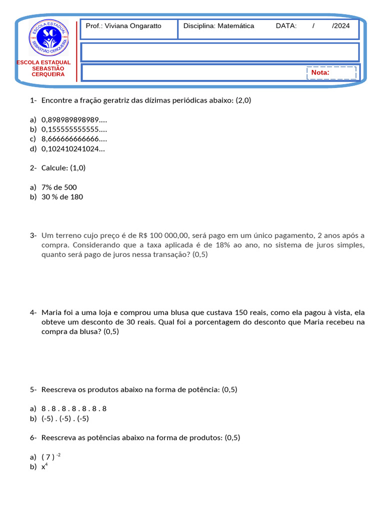 Av1 8º Ano 1º Bim | PDF