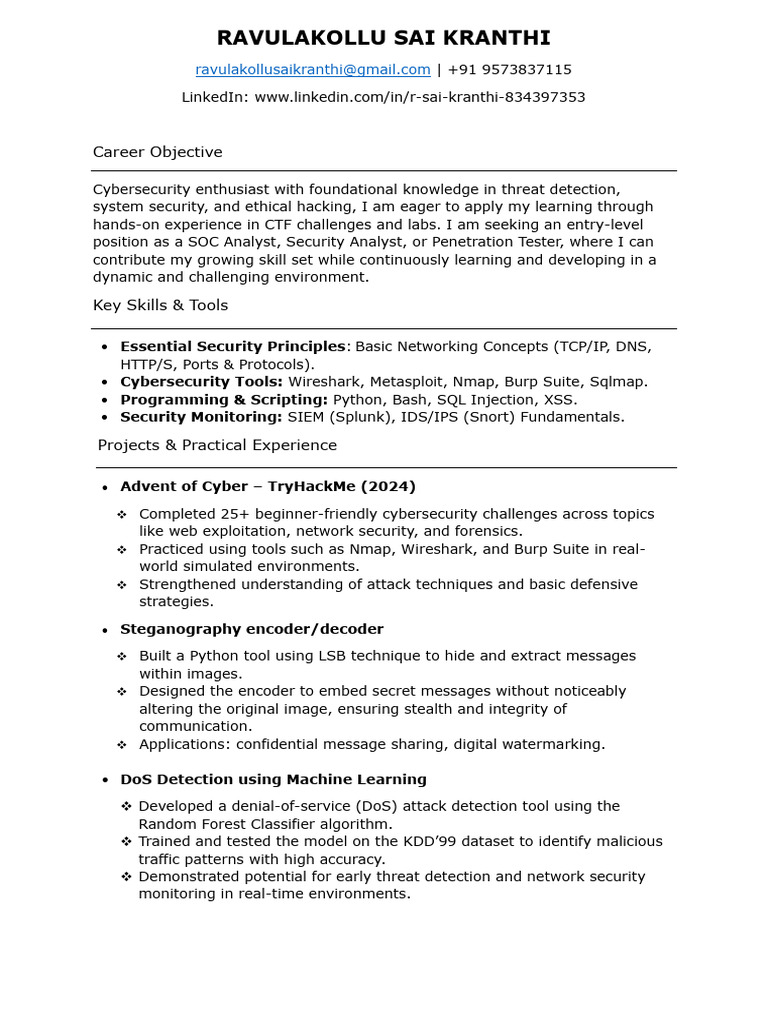 R. Sai Kranthi - Cyber Security-Resume | PDF | Security | Computer Security