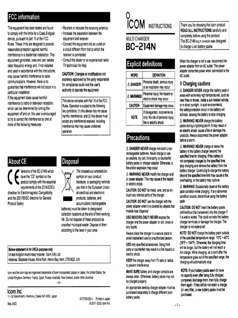 FCC Compliance and Safety for BC-214N | PDF | Battery Charger ...