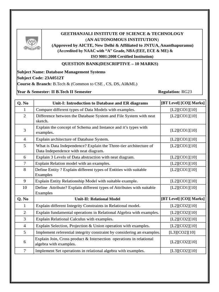 16-4-25 Final Ii-Ii DBMS QB 24-25 (RG23) | PDF | Relational Database | Relational Model