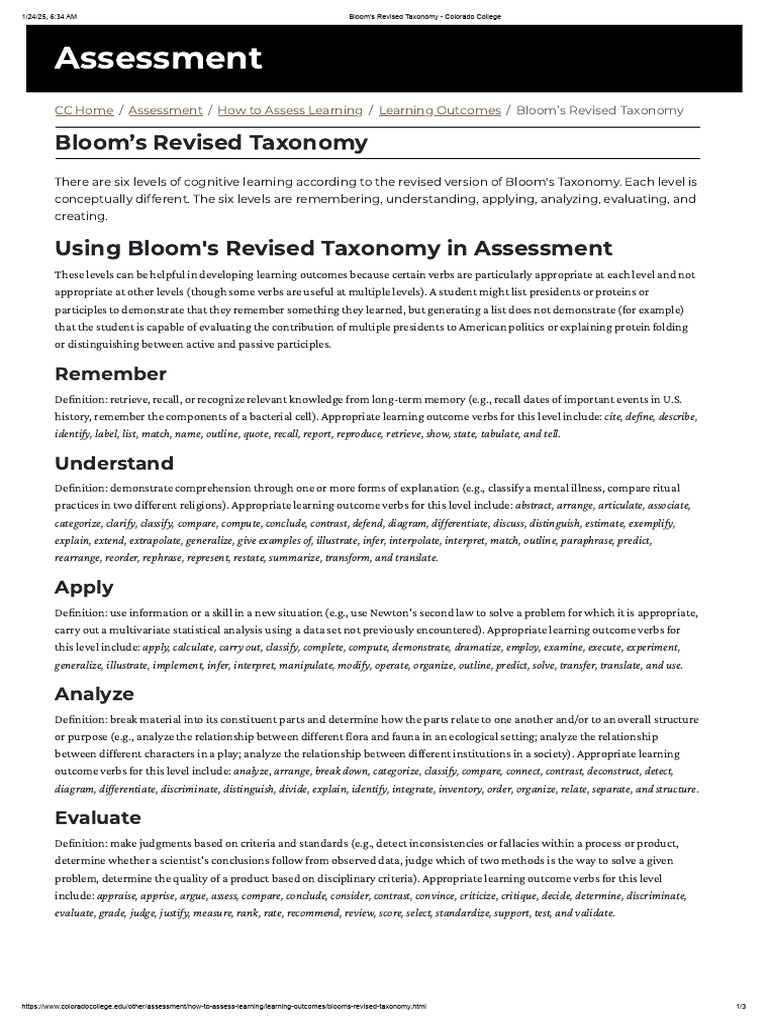 Bloom's Taxonomy for Learning Outcomes | PDF | Statistics | Learning