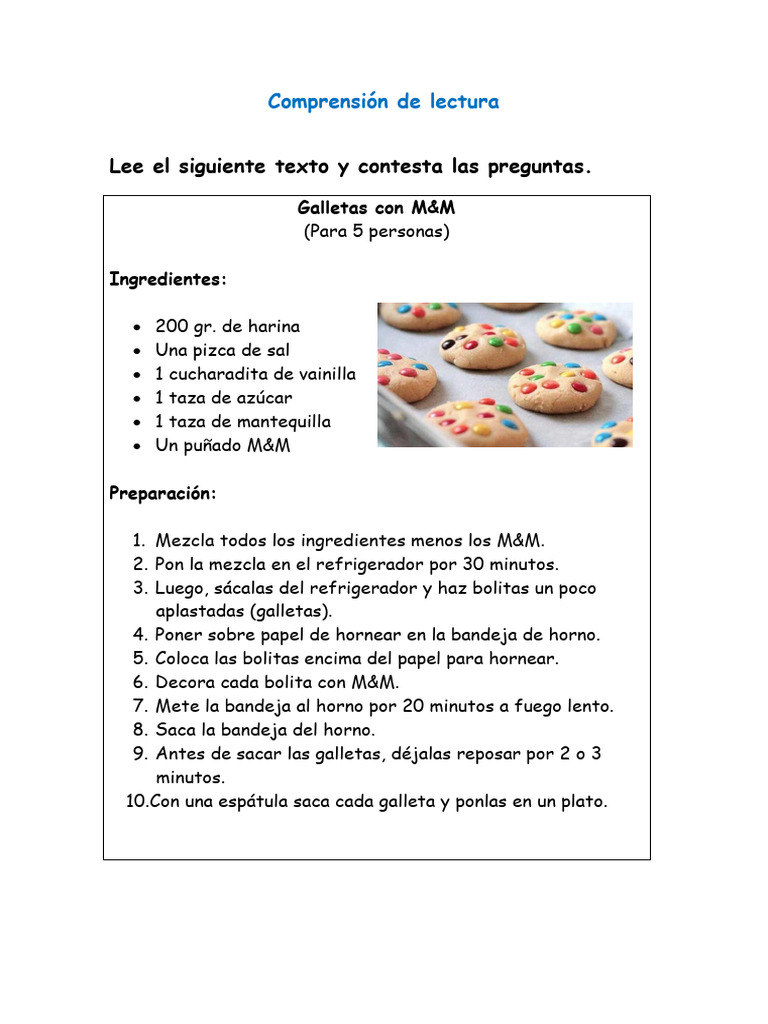 OA 10. 1º Básico. Comprensión de Lectura (Receta Galletas M&M) | PDF