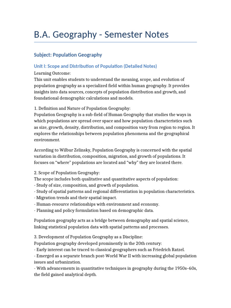 Population Geography Unit1 Detailed | PDF | Geography | Demography