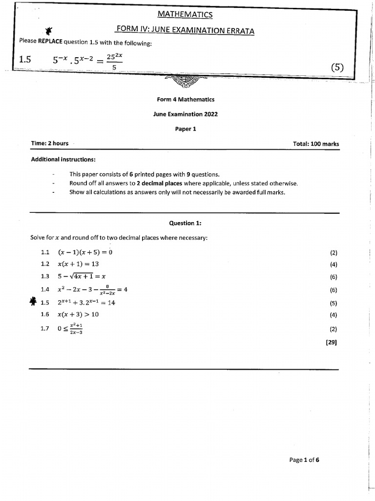 Form 4 Mathematics Paper 1 June Exams 2022 | PDF
