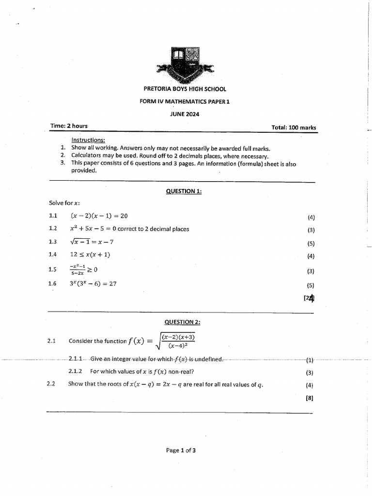 Form 4 Mathematics Paper 1 & Memorandum June 2024 | PDF