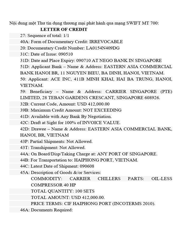 Mẫu Nội Dung LC Theo Điện Swift MT700 | PDF | Receipt | Business