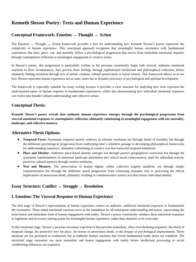 Slessor's Poetry: Emotion to Action Analysis | PDF | Experience | Emotions