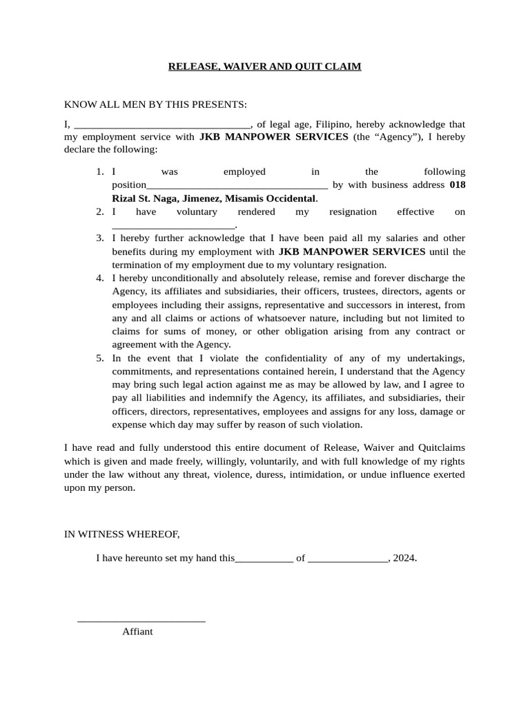 Release Waiver and Quitclaim | PDF