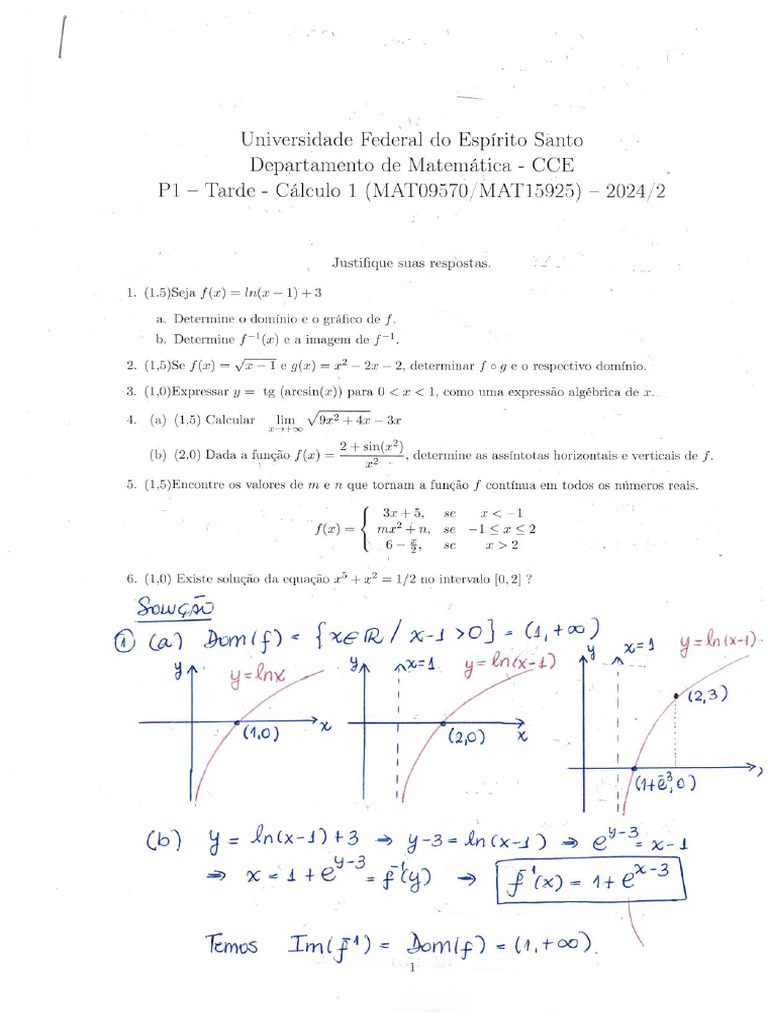 Gabarito Da P1 - Calculo 1 - 2024 - 2 | PDF