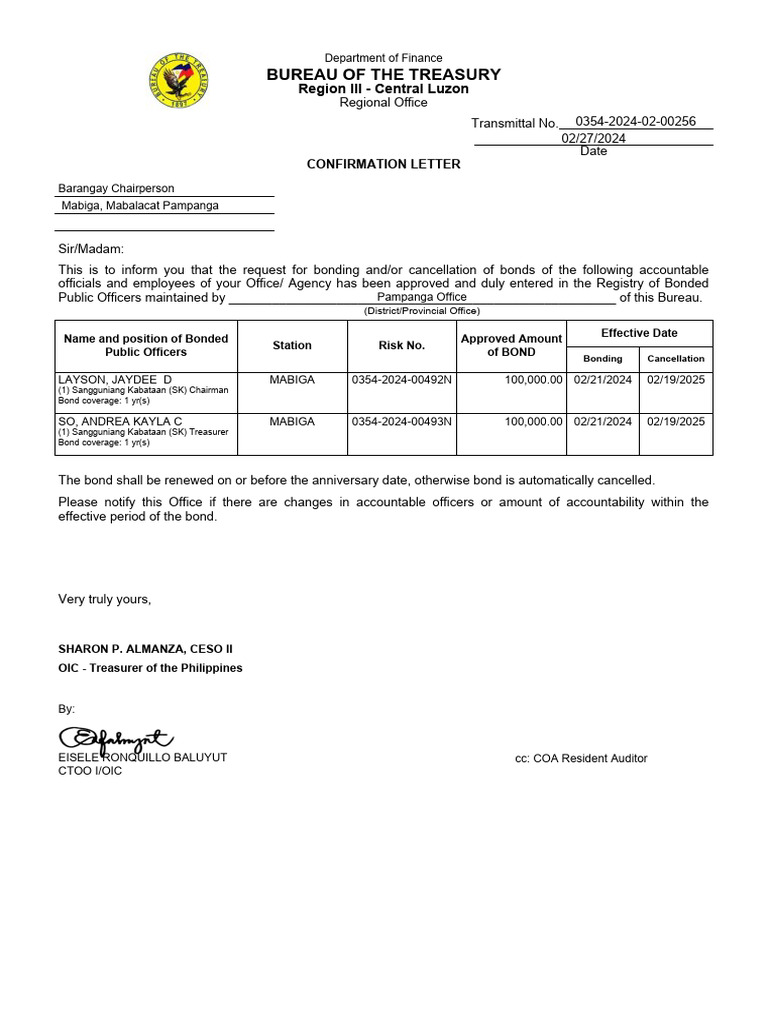 Confirmation Letter Fidelity Bonding SK Mabiga 2023 2025 | PDF