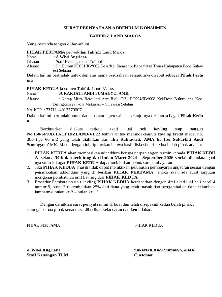 Surat Pernyataan Addendum Konsumen Sukartati | PDF