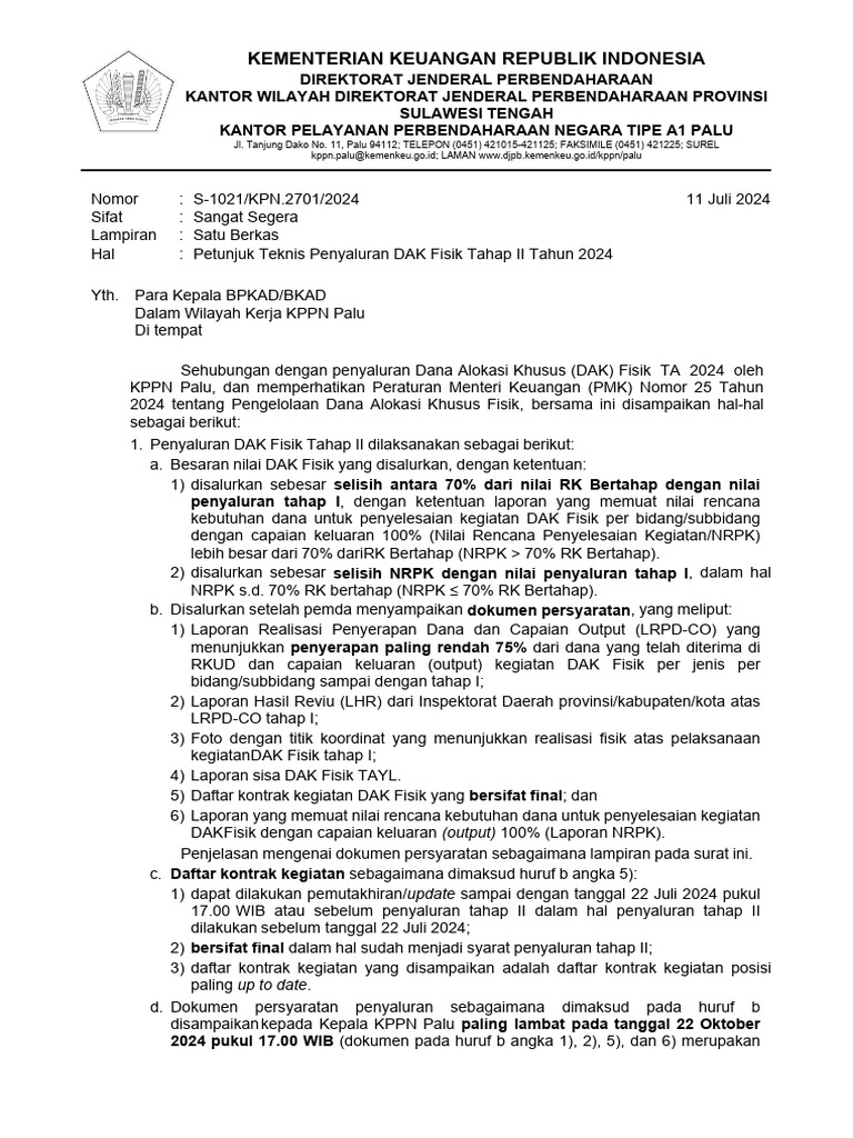 Petunjuk Teknis Penyaluran DAK Fisik Tahap II Tahun 2024 PDF | PDF