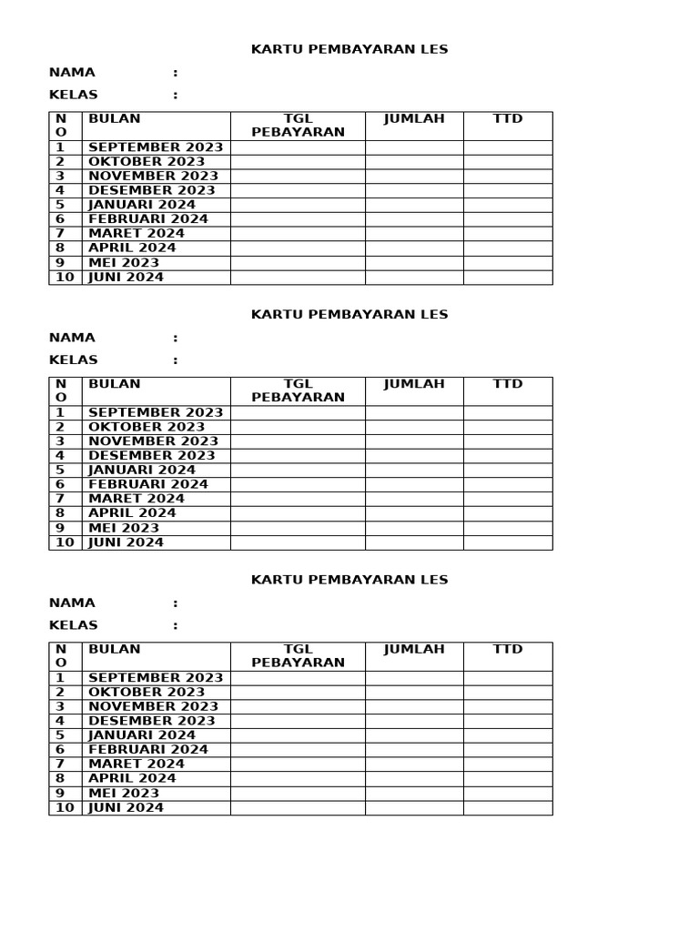 Kartu Pembayaran Les | PDF