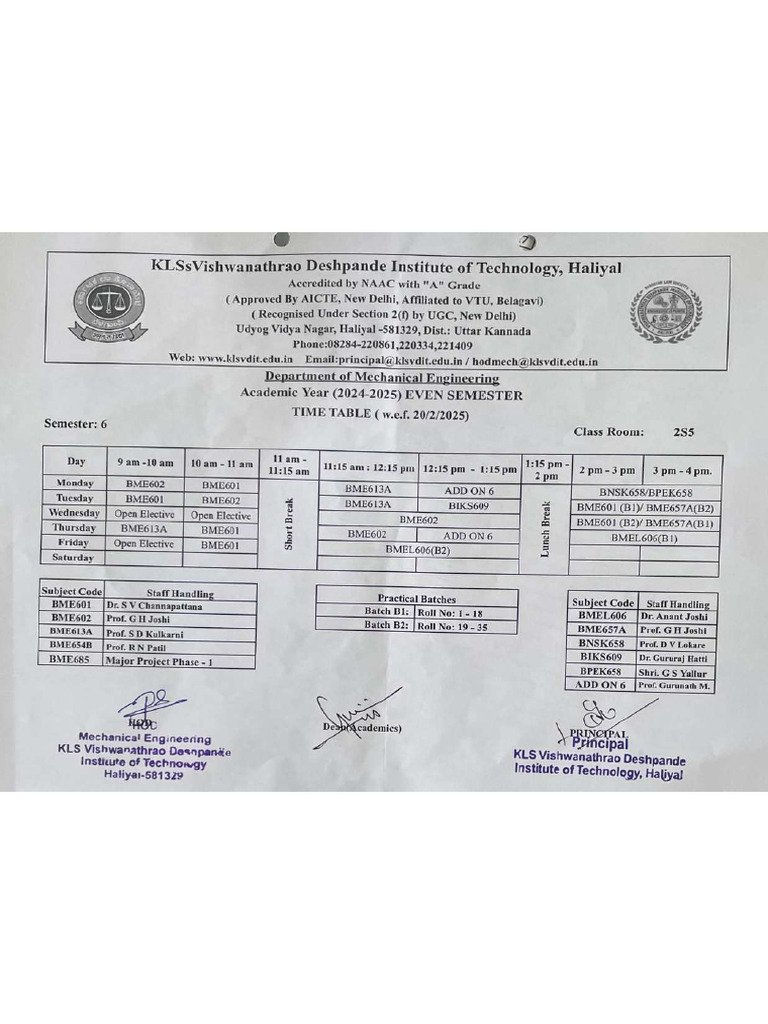 6th Sem Mechanical Engineering Class Timetable 2024 25 | PDF