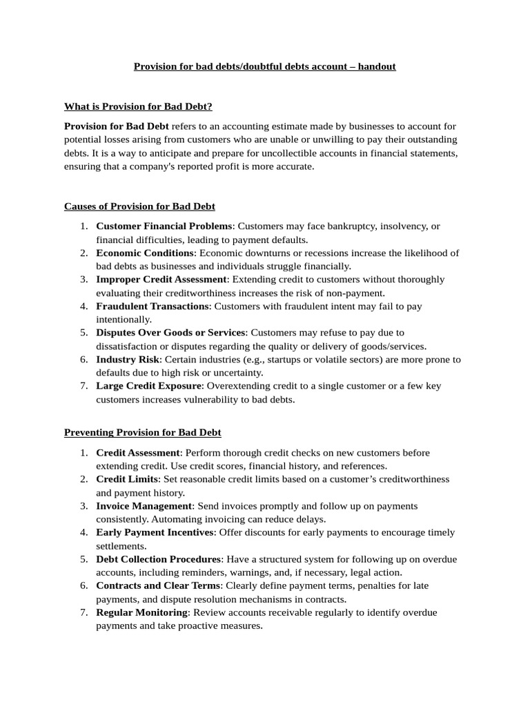 Provision for bad debts - handout | PDF | Bad Debt | Debt