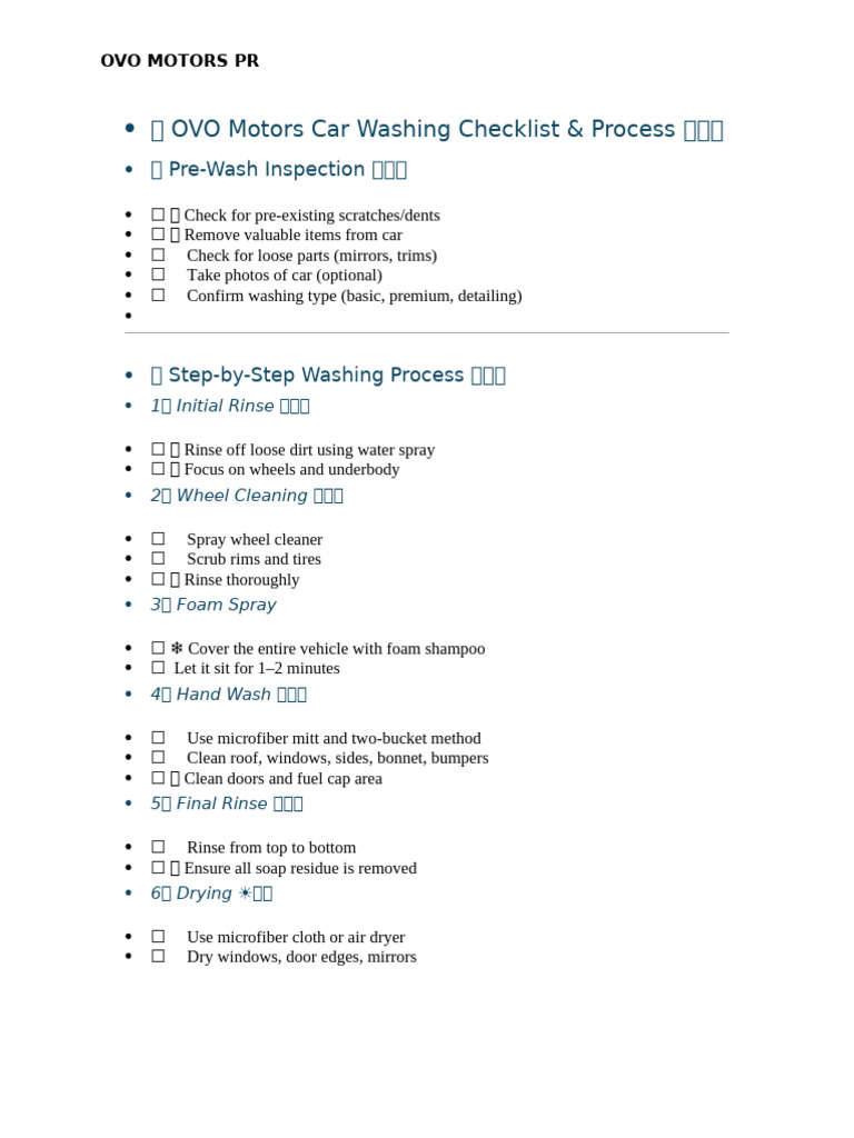 OVO Motors Car Wash Checklist | PDF