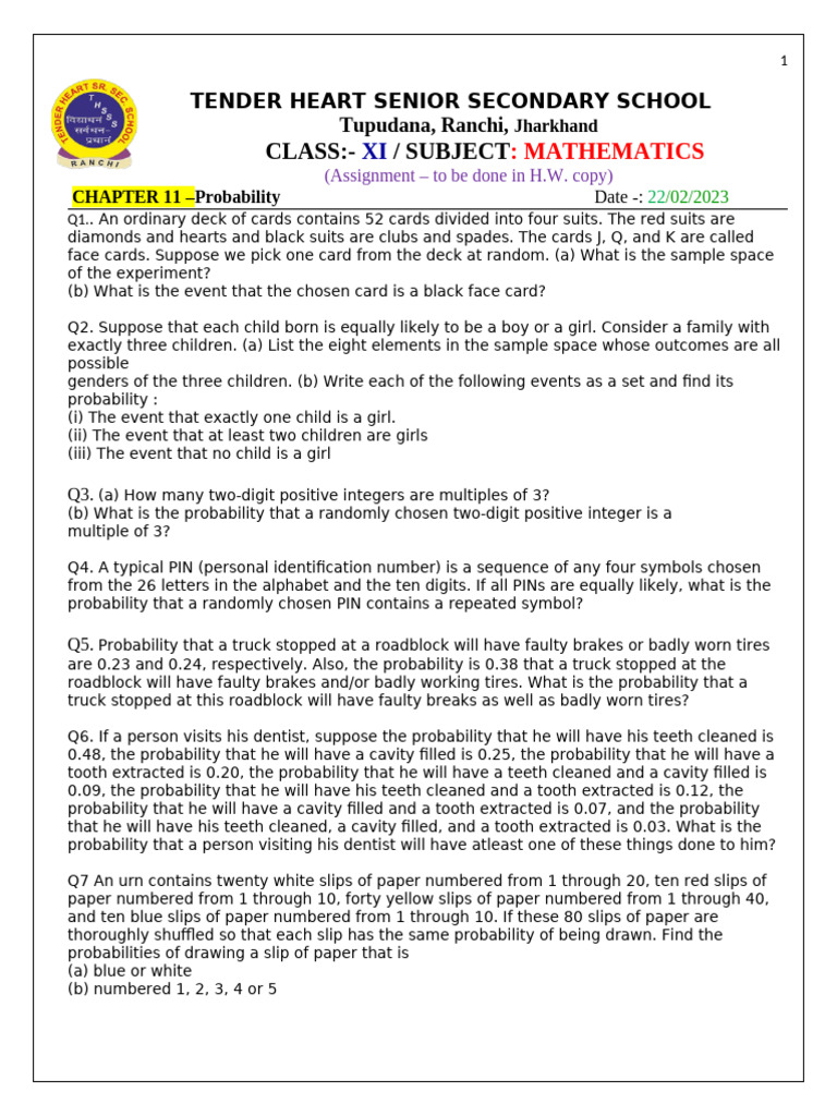 Probability Assignment for Class XI Mathematics | PDF | Probability ...