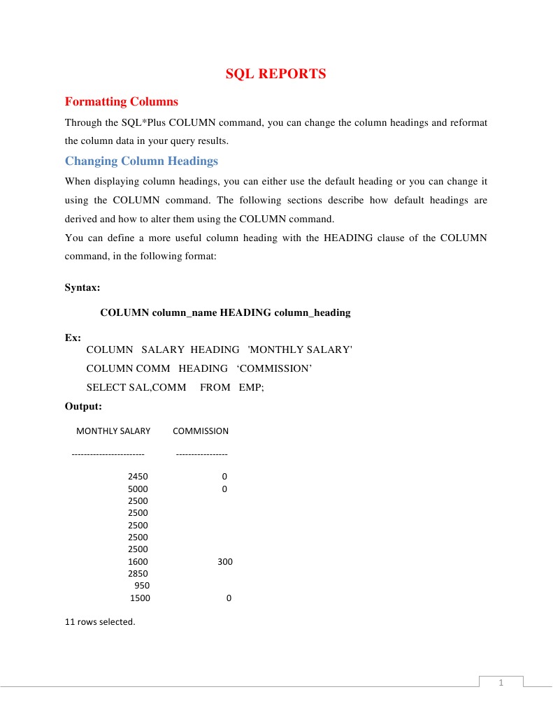 SQL Reports: Formatting Columns | PDF | Sql | Software Engineering