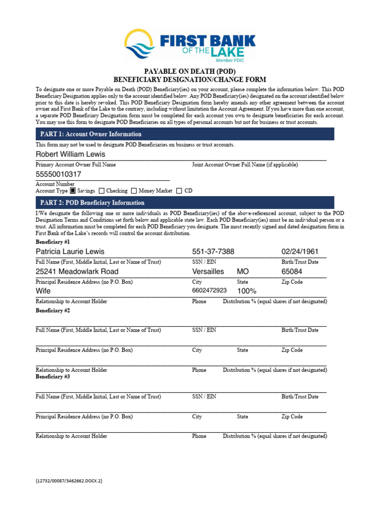 Fillable Payable On Death Beneficiary Designation Form | PDF ...