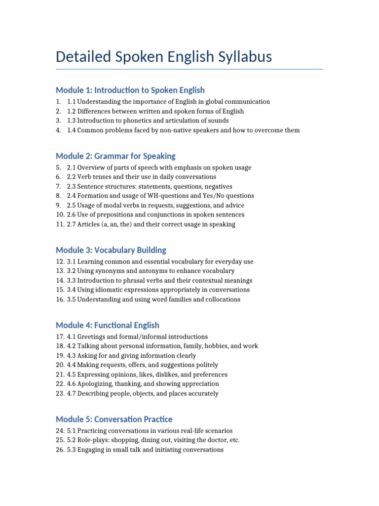 Spoken English Course Syllabus | PDF | English Language | Speech