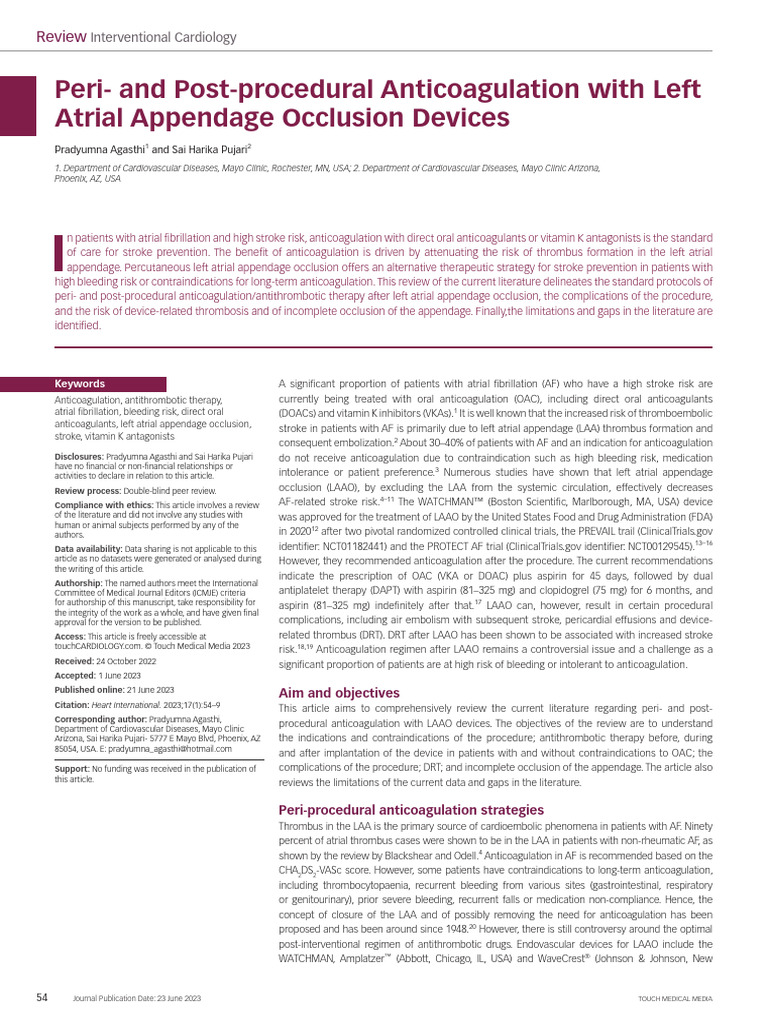 Peri - and Post-Procedural Anticoagulation With Left Atrial Appendage ...