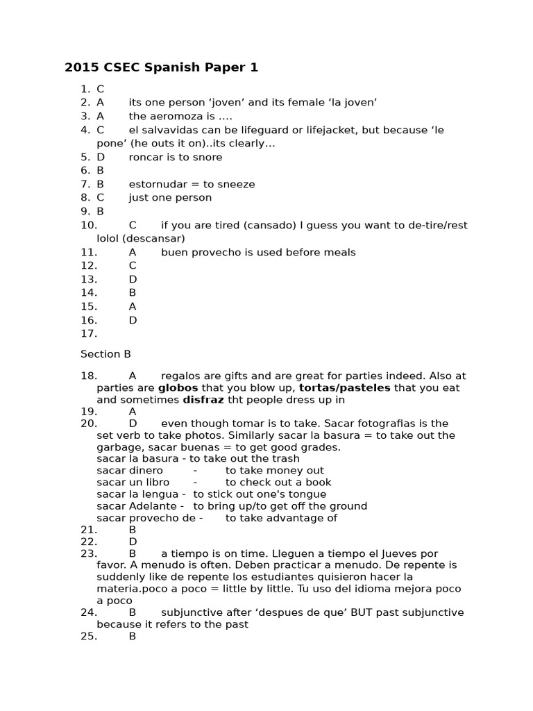 2014 CSEC Spanish Paper 1 - Answers Plus | PDF