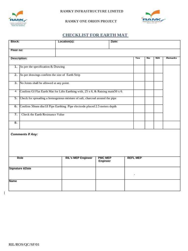 Checklist for Earth Mat @ Orion | PDF