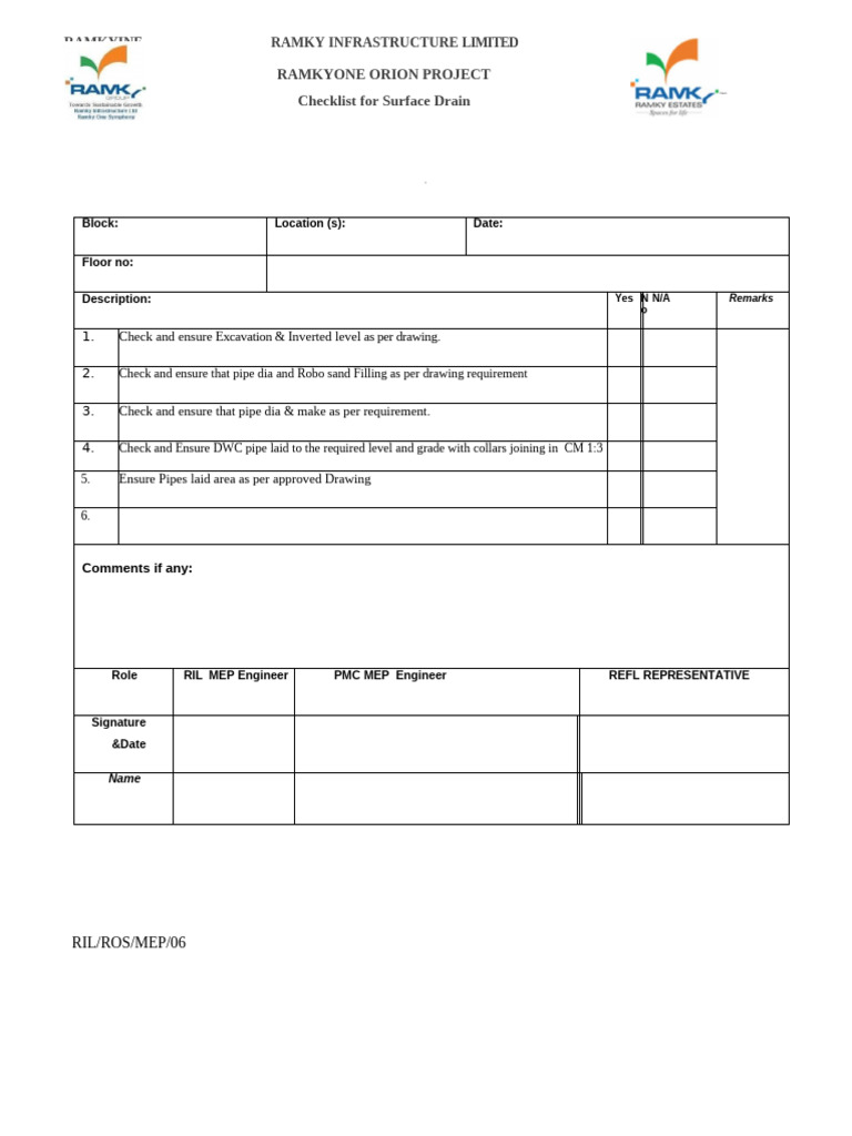 Checklist For Surface Drain at Orion | PDF