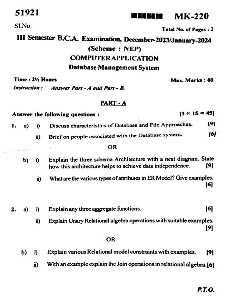 Bca 3 Sem Computer Application Database Management System MK 220 Jan ...